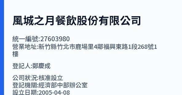 風城之月餐飲股份有限公司的照片-統編 27603980(新竹縣) 公司登記資料與營業項目詳細圖表