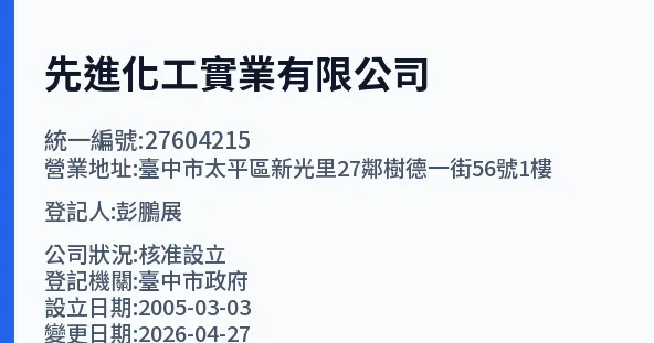 先進化工實業有限公司的照片-統編 27604215(臺中市) 公司登記資料與營業項目詳細圖表