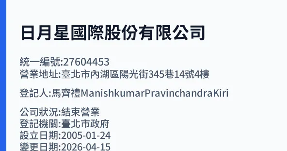 日月星國際股份有限公司的照片-統編 27604453(臺北市) 公司登記資料與營業項目詳細圖表