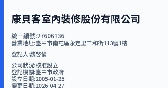 康貝客室內裝修股份有限公司的照片-統編 27606136(臺中市) 公司登記資料與營業項目詳細圖表