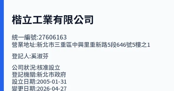 楷立工業有限公司的照片-統編 27606163(新北市) 公司登記資料與營業項目詳細圖表