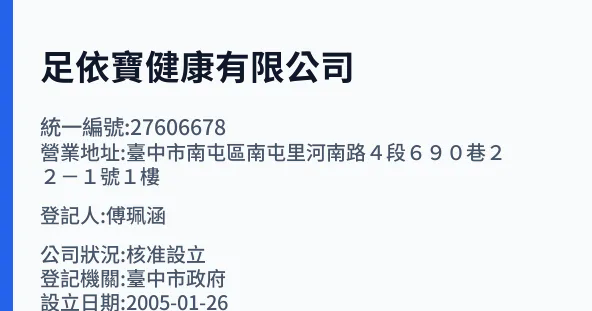 足依寶健康有限公司的照片-統編 27606678(臺中市) 公司登記資料與營業項目詳細圖表