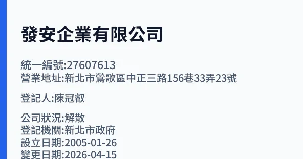 發安企業有限公司的照片-統編 27607613(新北市) 公司登記資料與營業項目詳細圖表
