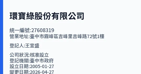 環寶綠股份有限公司的照片-統編 27608319(臺中市) 公司登記資料與營業項目詳細圖表