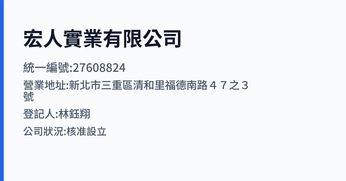 宏人實業有限公司 - 統編 27608824(新北市) 公司登記資料與營業項目詳細圖表