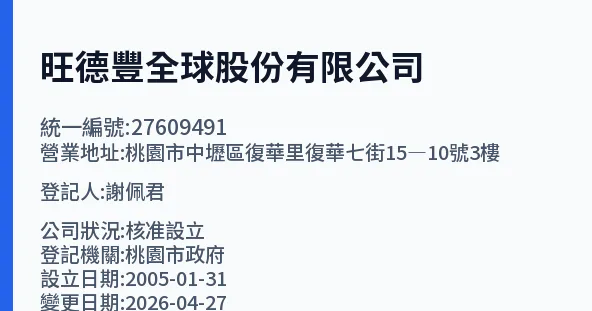 旺德豐全球股份有限公司的照片-統編 27609491(桃園市) 公司登記資料與營業項目詳細圖表