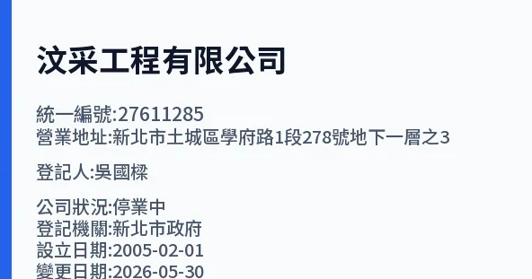 汶采工程有限公司的照片-統編 27611285(新北市) 公司登記資料與營業項目詳細圖表
