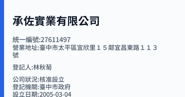 承佐實業有限公司的照片-統編 27611497(臺中市) 公司登記資料與營業項目詳細圖表