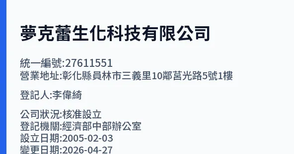 夢克蕾生化科技有限公司的照片-統編 27611551(彰化縣) 公司登記資料與營業項目詳細圖表