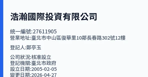 浩瀚國際投資有限公司的照片-統編 27611905(臺北市) 公司登記資料與營業項目詳細圖表