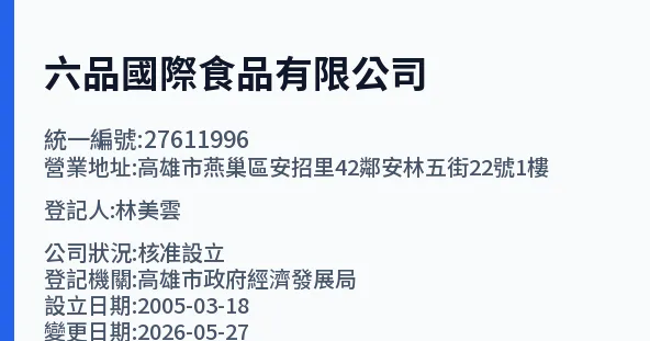 六品國際食品有限公司的照片-統編 27611996(高雄市) 公司登記資料與營業項目詳細圖表
