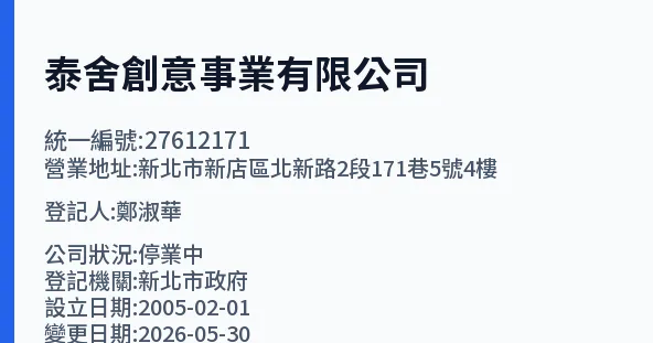 泰舍創意事業有限公司的照片-統編 27612171(新北市) 公司登記資料與營業項目詳細圖表