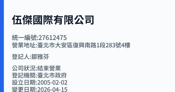 伍傑國際有限公司的照片-統編 27612475(臺北市) 公司登記資料與營業項目詳細圖表