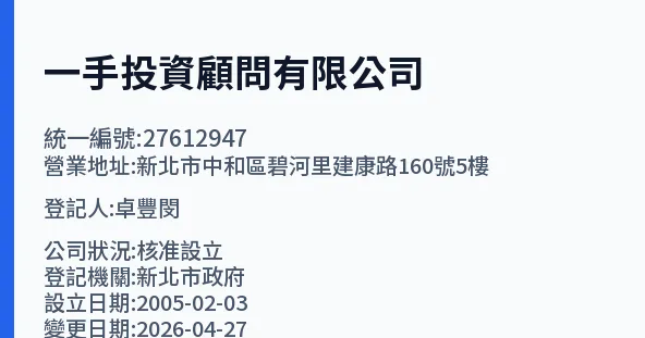 一手投資顧問有限公司的照片-統編 27612947(新北市) 公司登記資料與營業項目詳細圖表