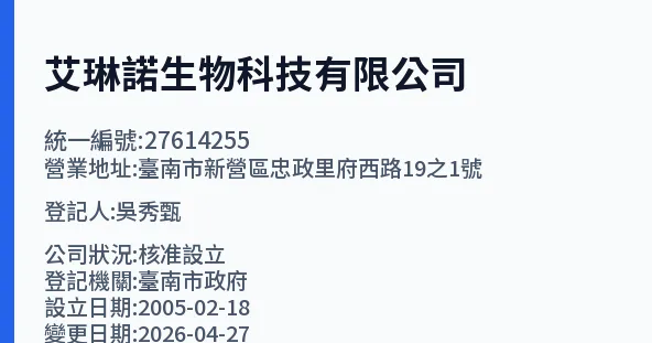 艾琳諾生物科技有限公司的照片-統編 27614255(臺南市) 公司登記資料與營業項目詳細圖表