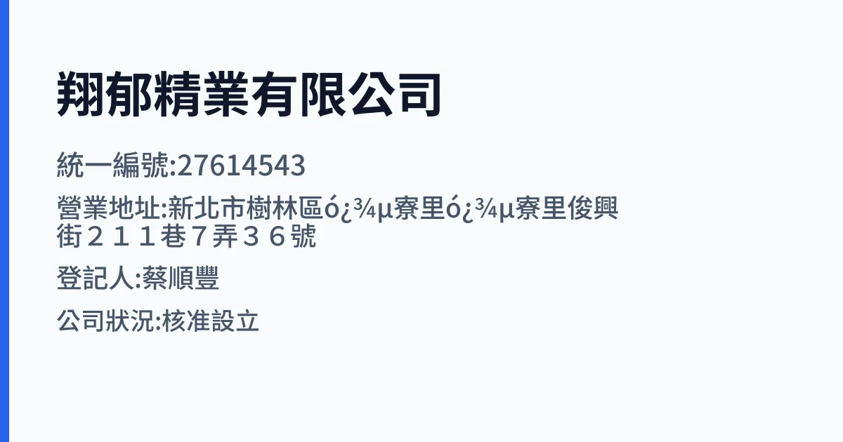 翔郁精業有限公司 - 統編 27614543(新北市) 公司登記資料與營業項目詳細圖表