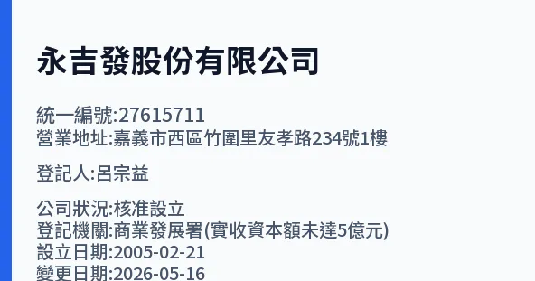 永吉發股份有限公司的照片-統編 27615711(嘉義市) 公司登記資料與營業項目詳細圖表