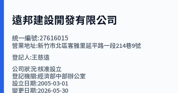 遠邦建設開發有限公司的照片-統編 27616015(新竹市) 公司登記資料與營業項目詳細圖表