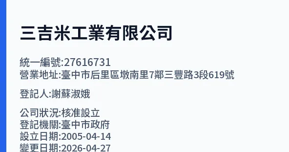 三吉米工業有限公司的照片-統編 27616731(臺中市) 公司登記資料與營業項目詳細圖表