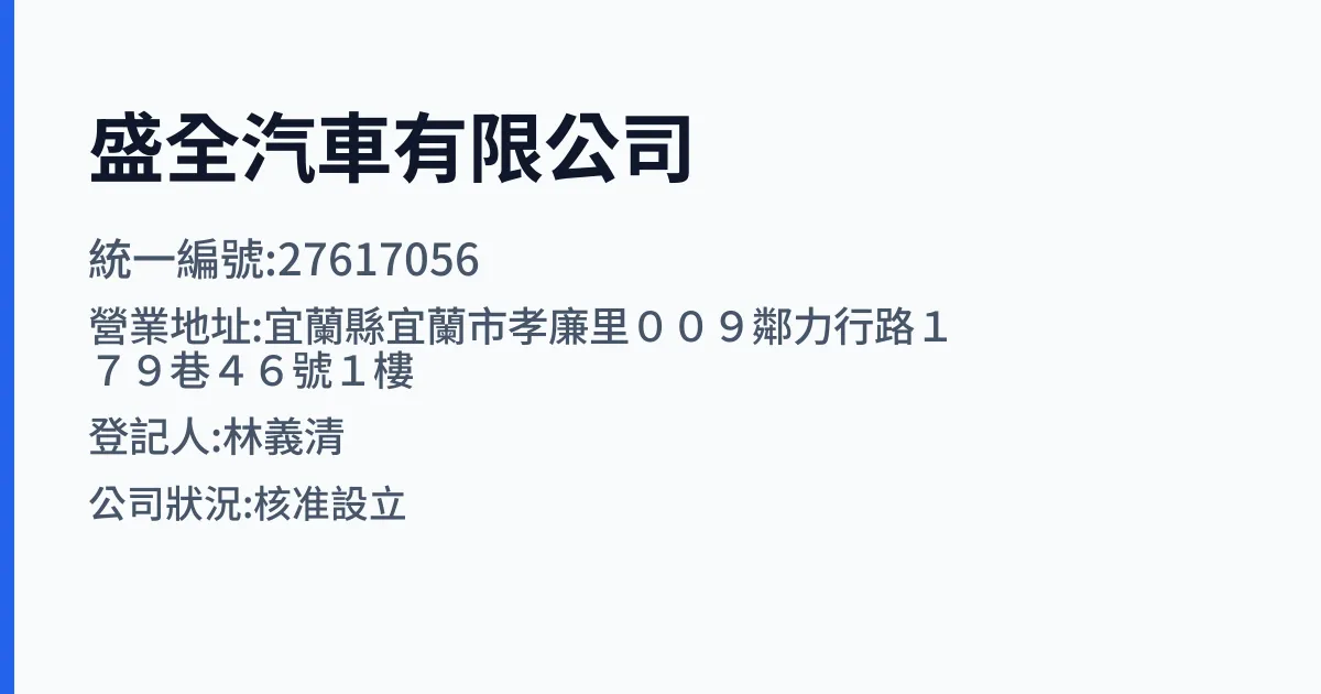 盛全汽車有限公司 - 統編 27617056(宜蘭縣) 公司登記資料與營業項目詳細圖表