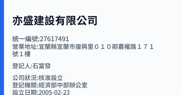 亦盛建設有限公司的照片-統編 27617491(宜蘭縣) 公司登記資料與營業項目詳細圖表