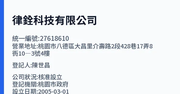 律銓科技有限公司的照片-統編 27618610(桃園市) 公司登記資料與營業項目詳細圖表