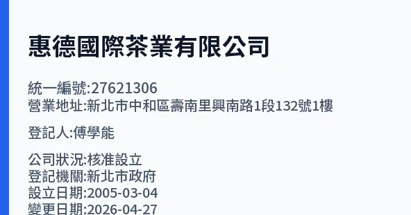 惠德國際茶業有限公司的照片-統編 27621306(新北市) 公司登記資料與營業項目詳細圖表