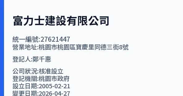富力士建設有限公司的照片-統編 27621447(桃園市) 公司登記資料與營業項目詳細圖表