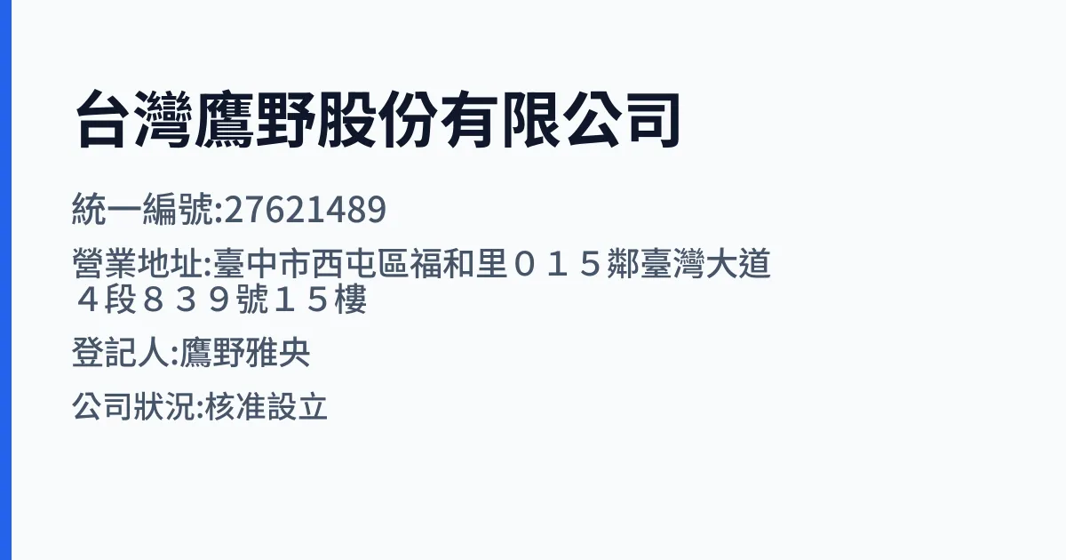 台灣鷹野股份有限公司 - 統編 27621489(臺中市) 公司登記資料與營業項目詳細圖表