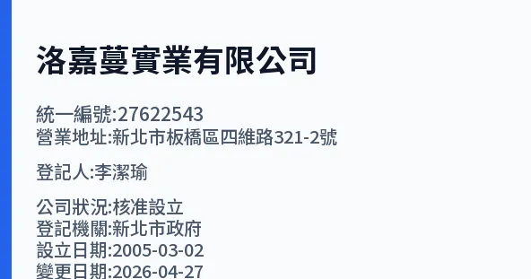 洛嘉蔓實業有限公司的照片-統編 27622543(新北市) 公司登記資料與營業項目詳細圖表