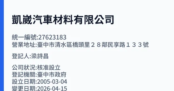 凱崴汽車材料有限公司的照片-統編 27623183(臺中市) 公司登記資料與營業項目詳細圖表