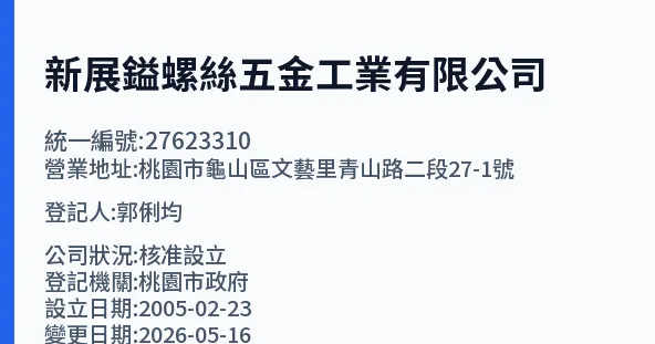 新展鎰螺絲五金工業有限公司的照片-統編 27623310(桃園市) 公司登記資料與營業項目詳細圖表