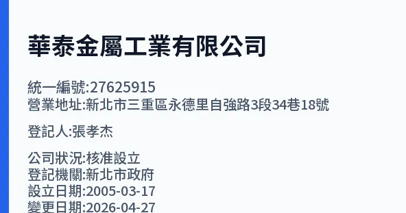 華泰金屬工業有限公司的照片-統編 27625915(新北市) 公司登記資料與營業項目詳細圖表