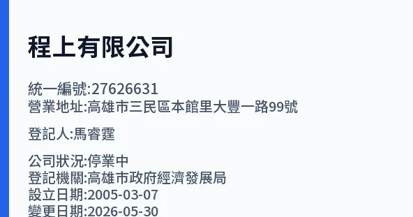 程上有限公司的照片-統編 27626631(高雄市) 公司登記資料與營業項目詳細圖表