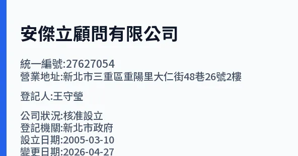 安傑立顧問有限公司的照片-統編 27627054(新北市) 公司登記資料與營業項目詳細圖表