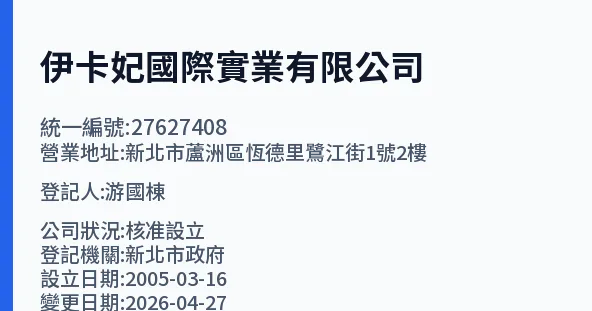 伊卡妃國際實業有限公司的照片-統編 27627408(新北市) 公司登記資料與營業項目詳細圖表