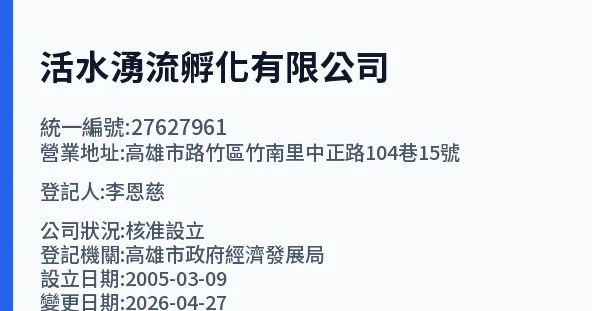 活水湧流孵化有限公司的照片-統編 27627961(高雄市) 公司登記資料與營業項目詳細圖表