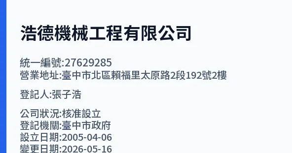 浩德機械工程有限公司的照片-統編 27629285(臺中市) 公司登記資料與營業項目詳細圖表