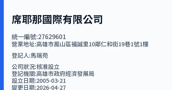 席耶那國際有限公司的照片-統編 27629601(高雄市) 公司登記資料與營業項目詳細圖表