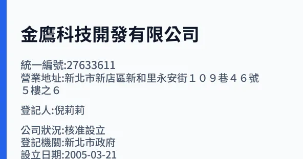 金鷹科技開發有限公司的照片-統編 27633611(新北市) 公司登記資料與營業項目詳細圖表