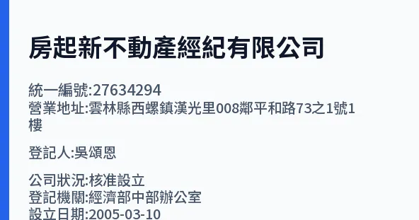 房起新不動產經紀有限公司的照片-統編 27634294(雲林縣) 公司登記資料與營業項目詳細圖表