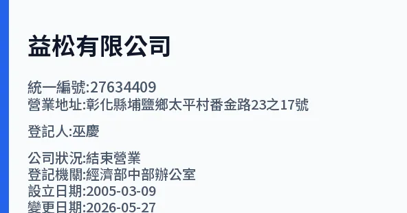 益松有限公司的照片-統編 27634409(彰化縣) 公司登記資料與營業項目詳細圖表