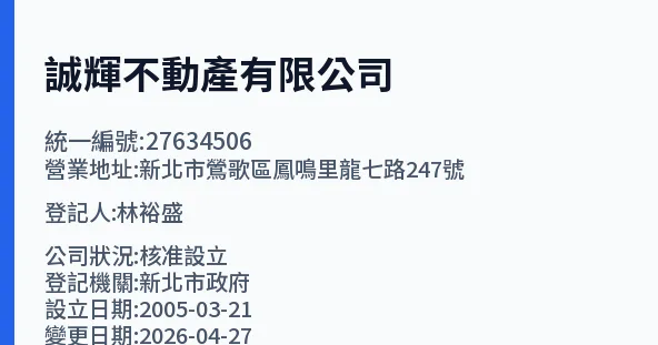 誠輝不動產有限公司的照片-統編 27634506(新北市) 公司登記資料與營業項目詳細圖表