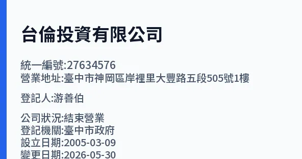 台倫投資有限公司的照片-統編 27634576(臺中市) 公司登記資料與營業項目詳細圖表