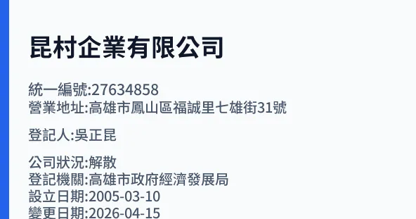 昆村企業有限公司的照片-統編 27634858(高雄市) 公司登記資料與營業項目詳細圖表