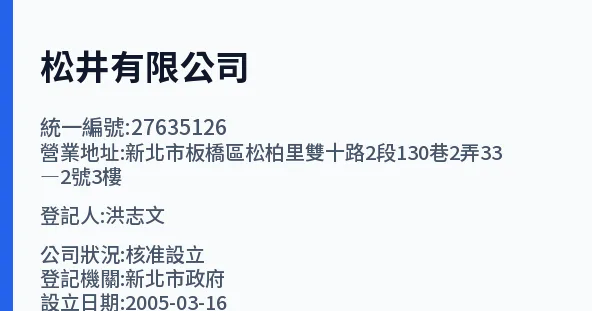松井有限公司的照片-統編 27635126(新北市) 公司登記資料與營業項目詳細圖表