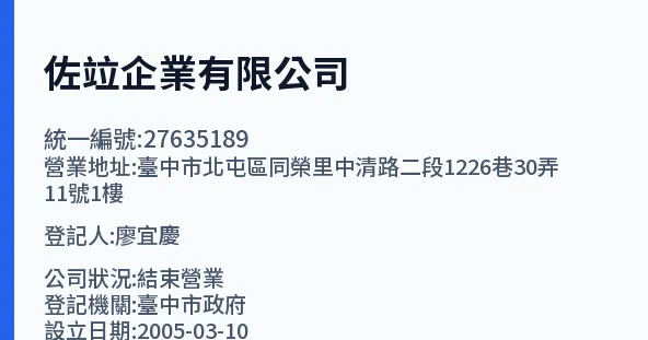 佐竝企業有限公司的照片-統編 27635189(臺中市) 公司登記資料與營業項目詳細圖表