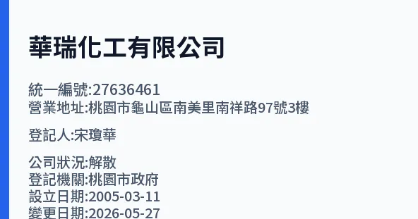 華瑞化工有限公司的照片-統編 27636461(桃園市) 公司登記資料與營業項目詳細圖表