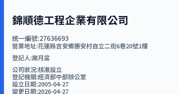 錦順德工程企業有限公司的照片-統編 27636693(花蓮縣) 公司登記資料與營業項目詳細圖表
