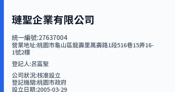 璉聖企業有限公司的照片-統編 27637004(桃園市) 公司登記資料與營業項目詳細圖表